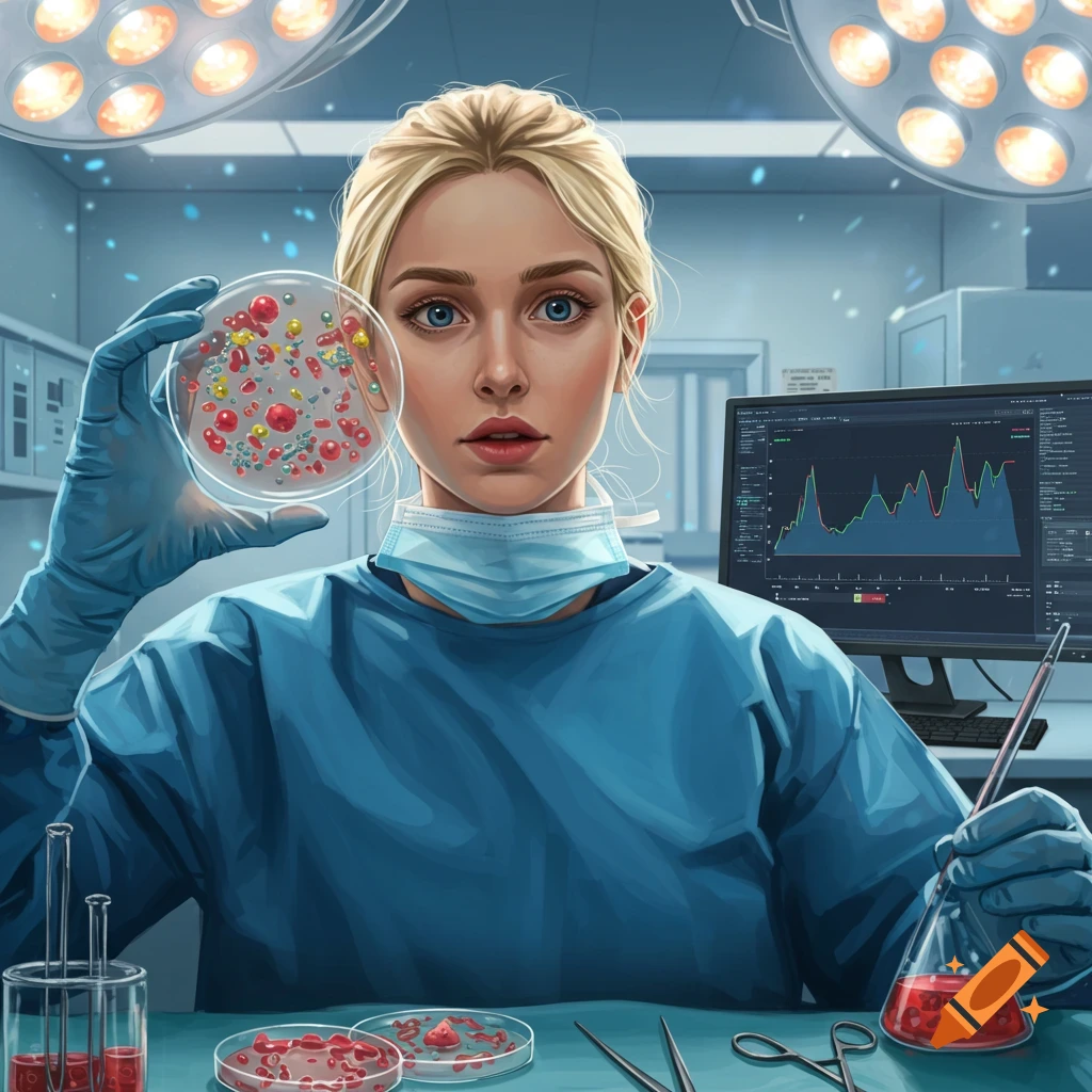 Blond female scientist in a lab holds a petri dish while working on ...