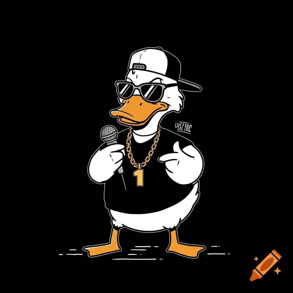 Line art illustration of a cartoon duck dressed as a rapper with ...