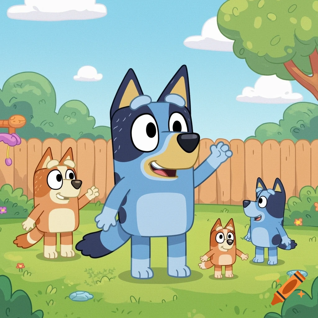 Bluey, Bingo, Bandit, and Chilli standing in a backyard on Craiyon