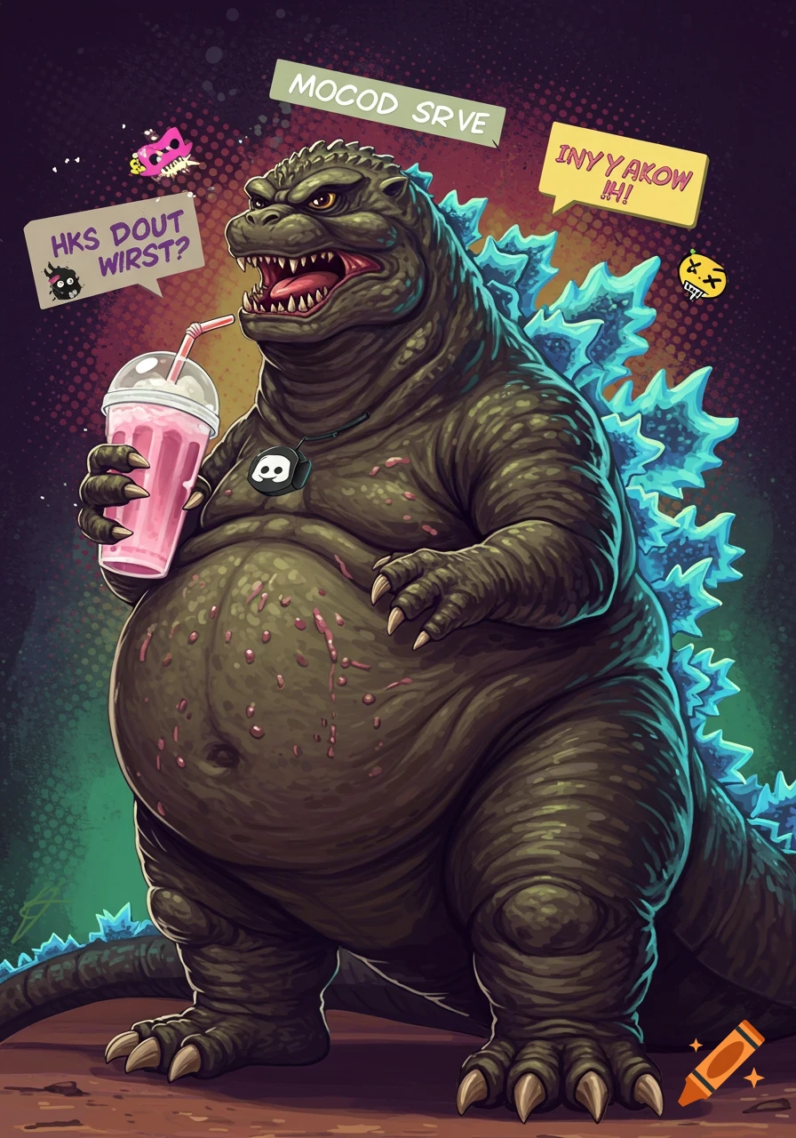 A fat Godzilla-like monster holds a pink milkshake in an illustration ...