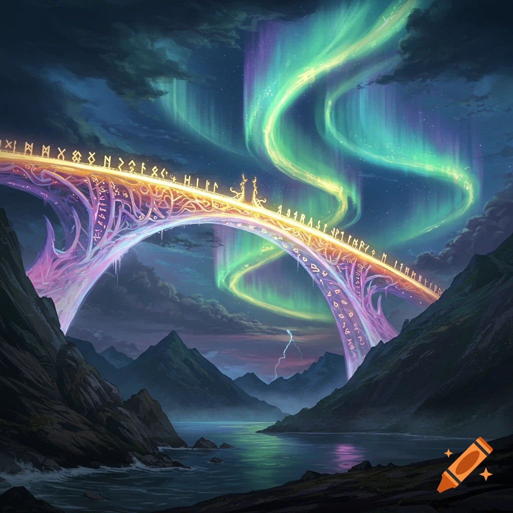A glowing fantasy bridge with runes spans a lake between mountains ...