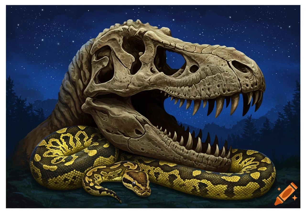 A large T-Rex skull sits beside a coiled ball python snake under a ...
