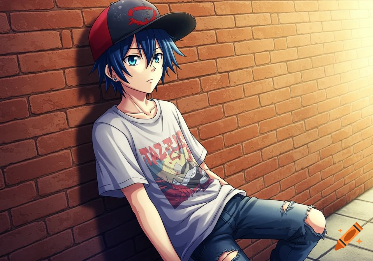 Anime boy leaning against a brick wall, wearing a backwards hat and ...