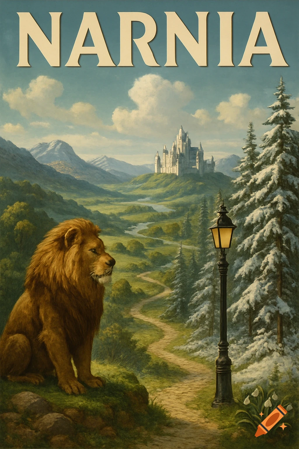 A lion sits in a fantasy landscape with a castle and lamppost. "NARNIA ...