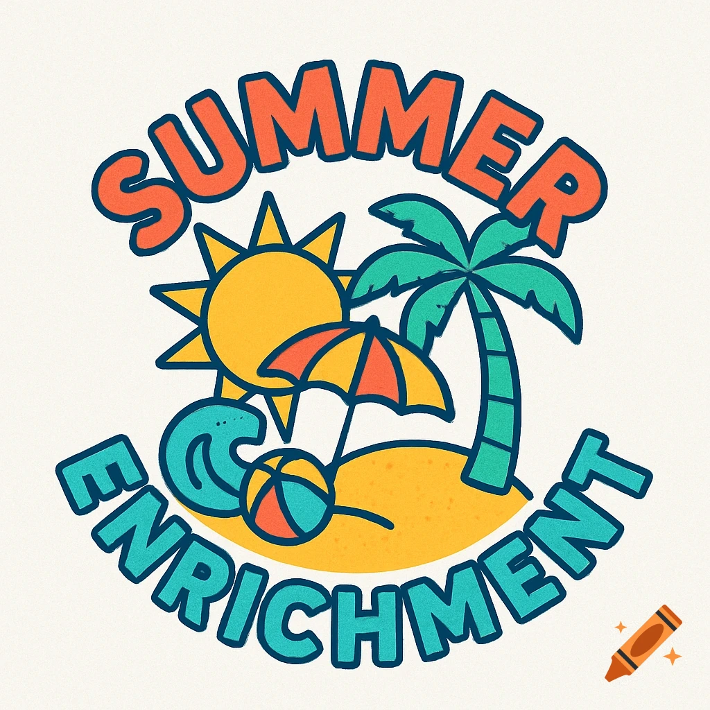 Colorful summer enrichment program logo with sun, palm tree, and beach ...