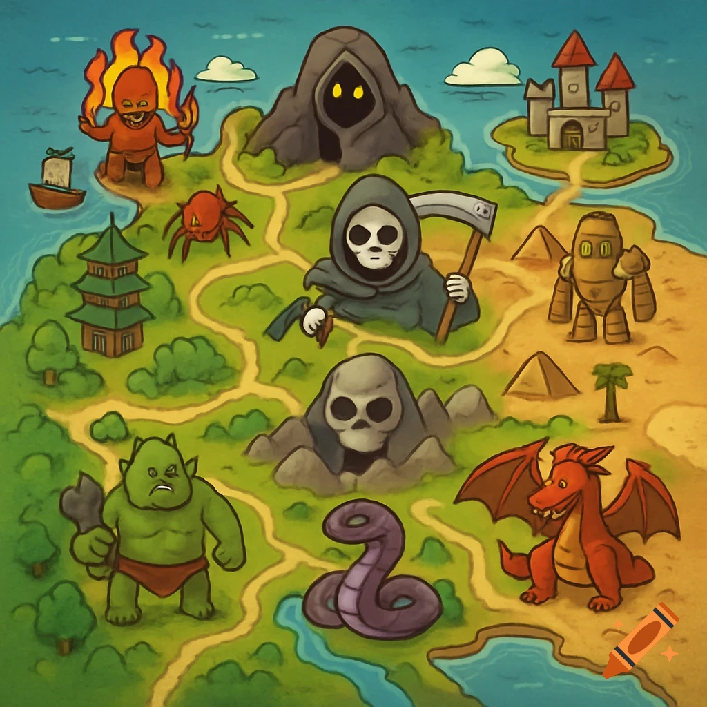 Cartoony fantasy world map with icons of monsters like a grim reaper ...