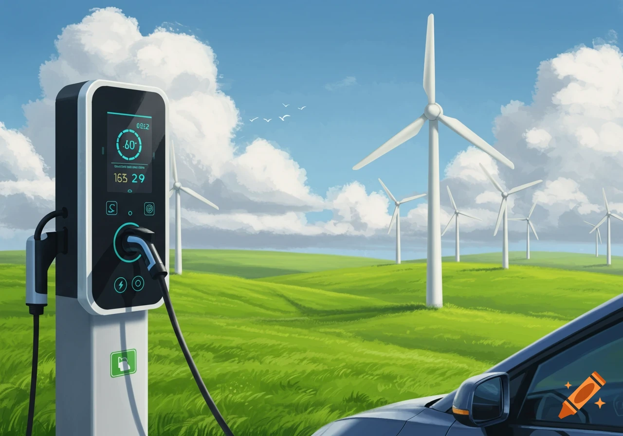 EV charger in a green field with wind turbines and a car on Craiyon