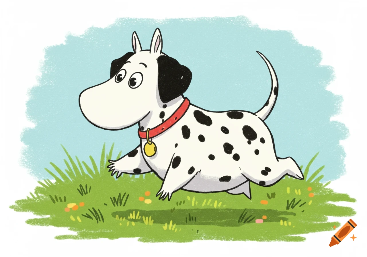 Illustration of a Moomin character depicted as a dalmatian dog running ...