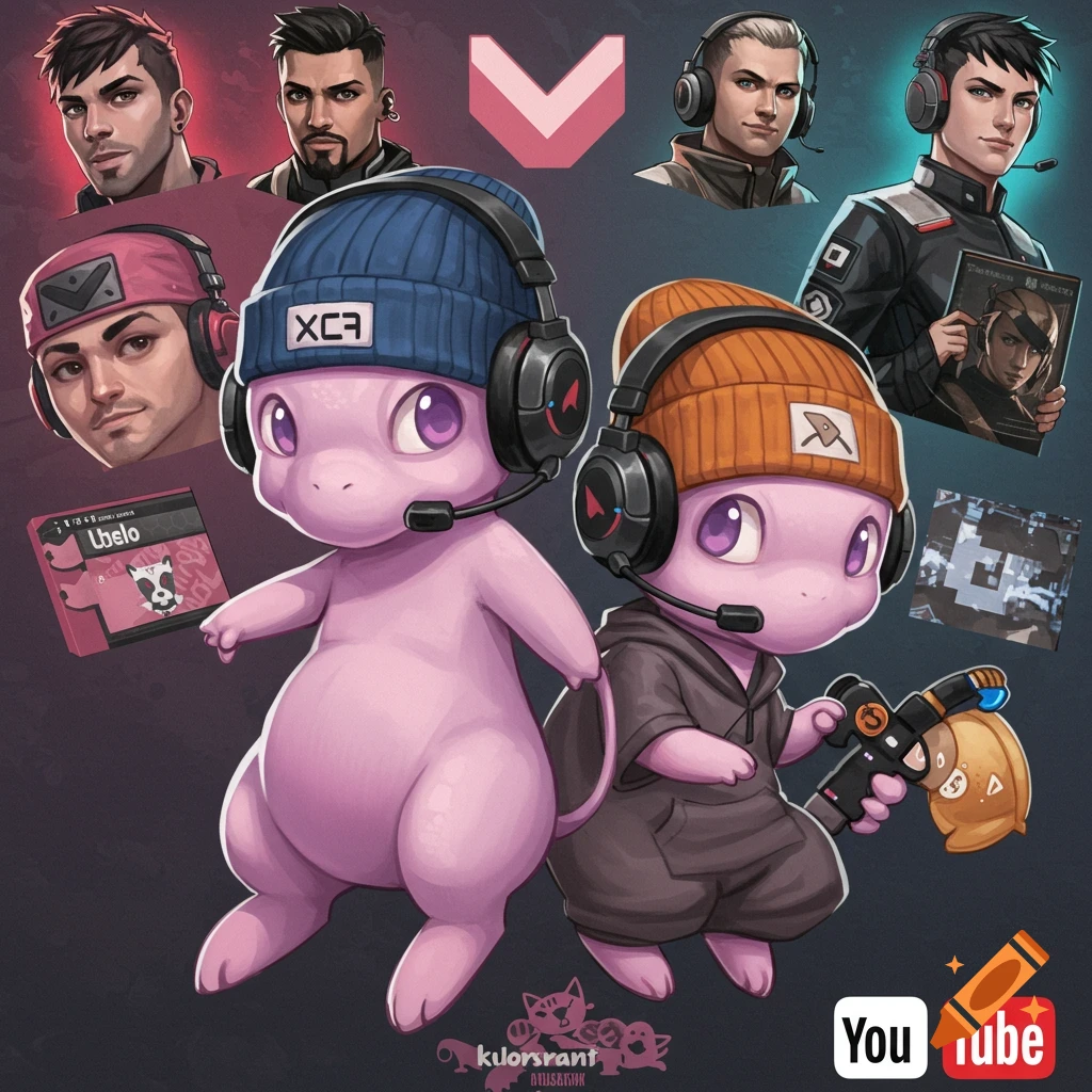 Illustration of two Mew characters with gaming headsets and beanies ...
