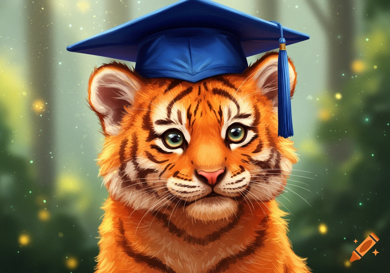 Cute tiger cub wears a blue graduation cap in a forest setting. on Craiyon