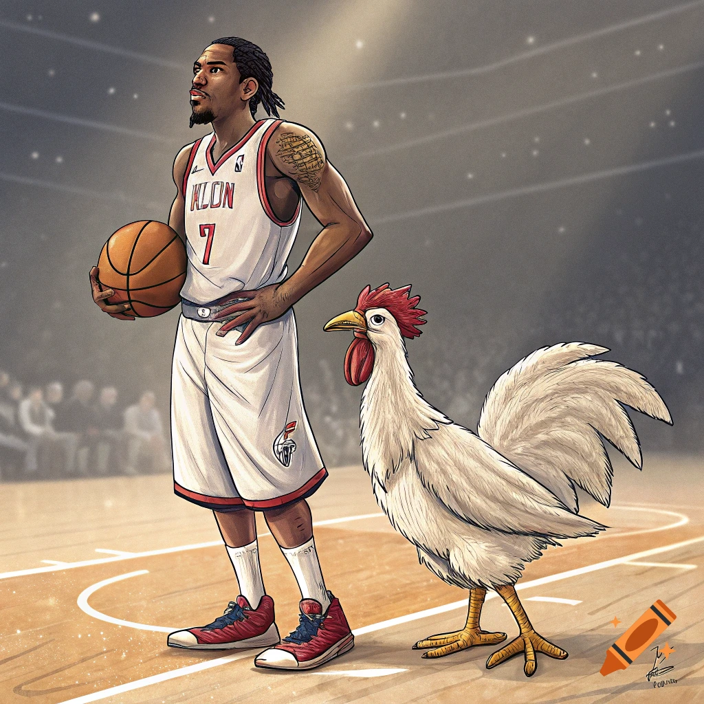 Illustration of a basketball player holding a ball next to a chicken on ...