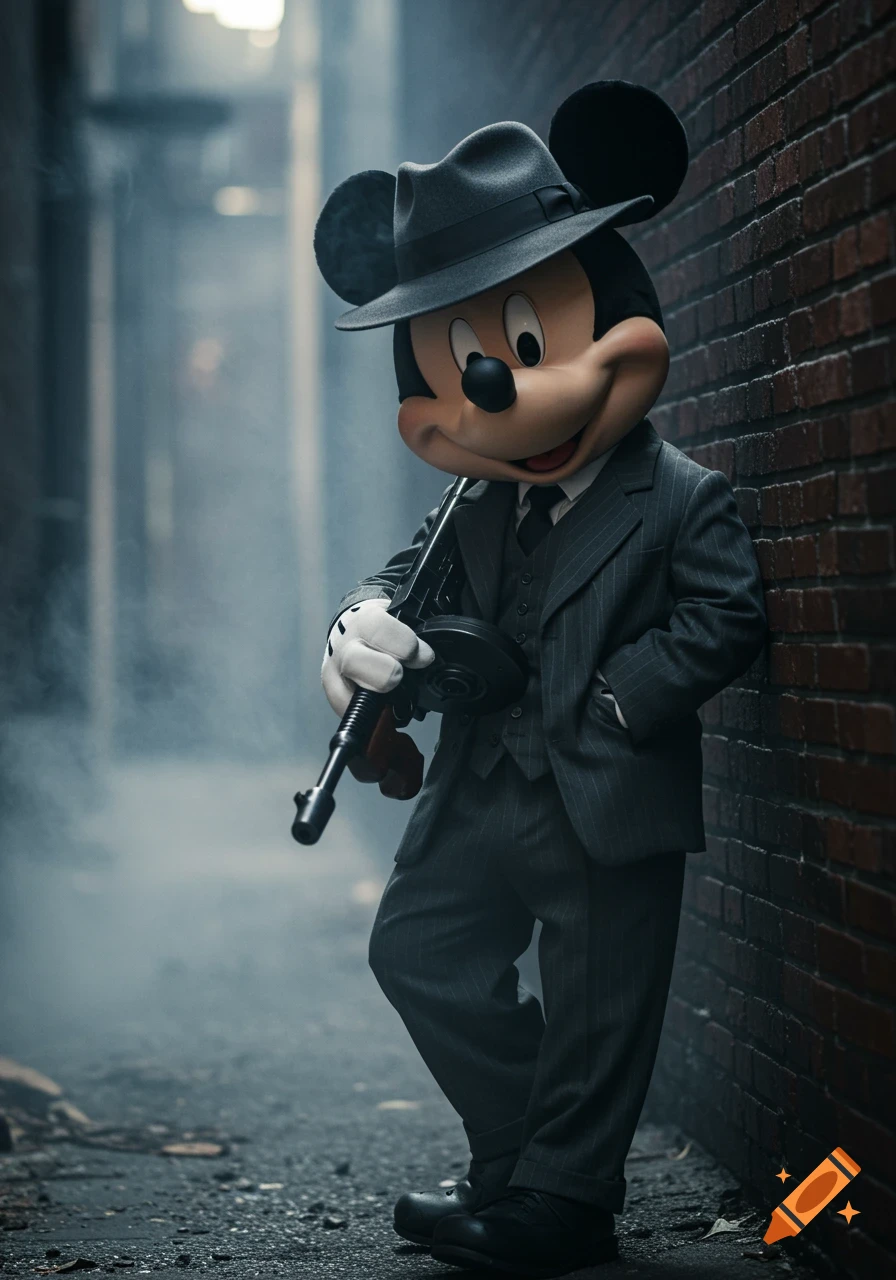 Mickey Mouse in a pinstripe suit and fedora holding a submachine gun in ...