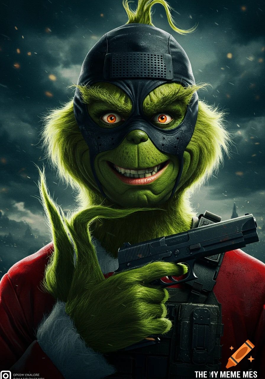The Grinch wears a black mask and tactical gear, holding a pistol under ...
