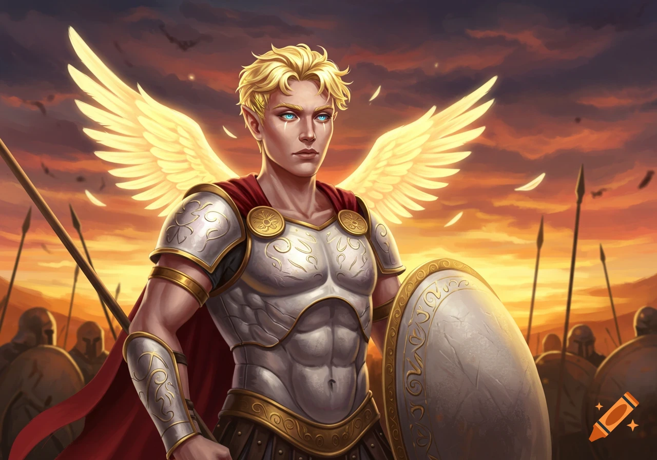 A winged warrior in armor holds a shield and spear before an army at ...