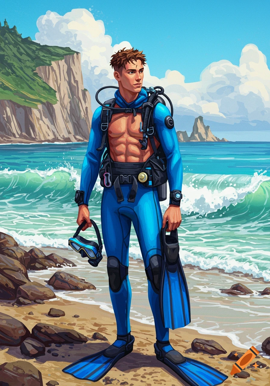 Illustration of a man in scuba gear holding mask and fins on a rocky ...