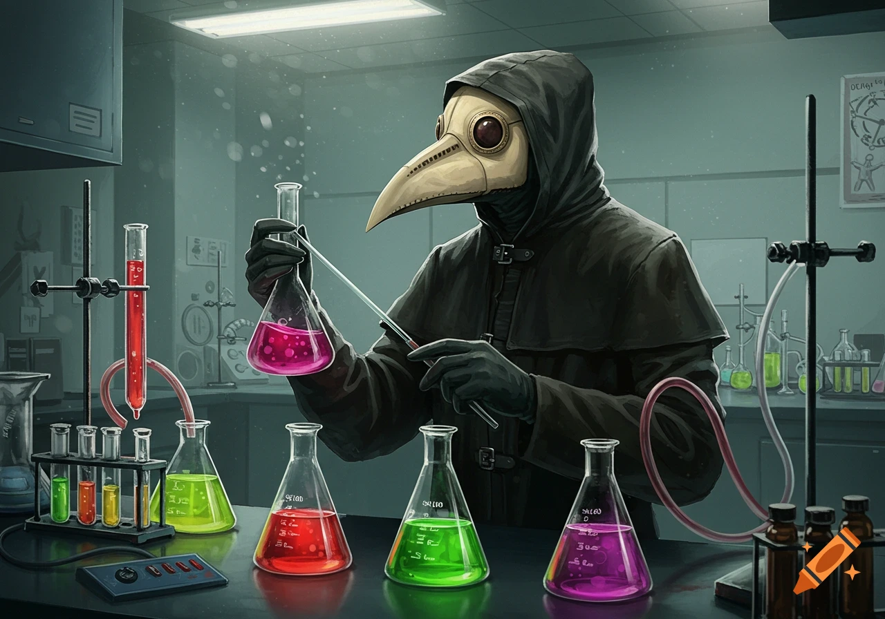 A plague doctor in a laboratory mixing colorful liquids in beakers. on Craiyon