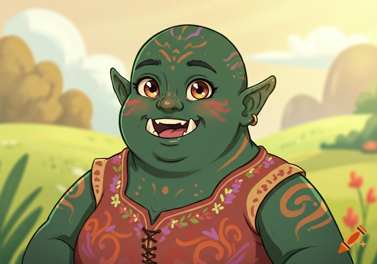 Cartoon portrait of a smiling female orc with facial markings and a ...