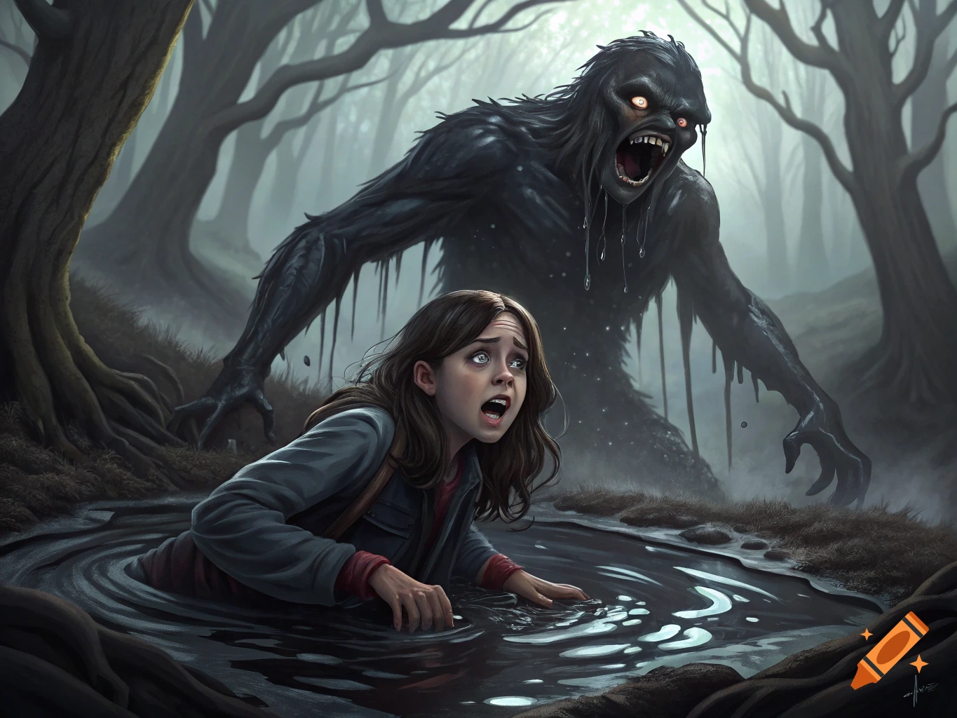 Scared woman struggles in dark water as a large tar monster looms ...