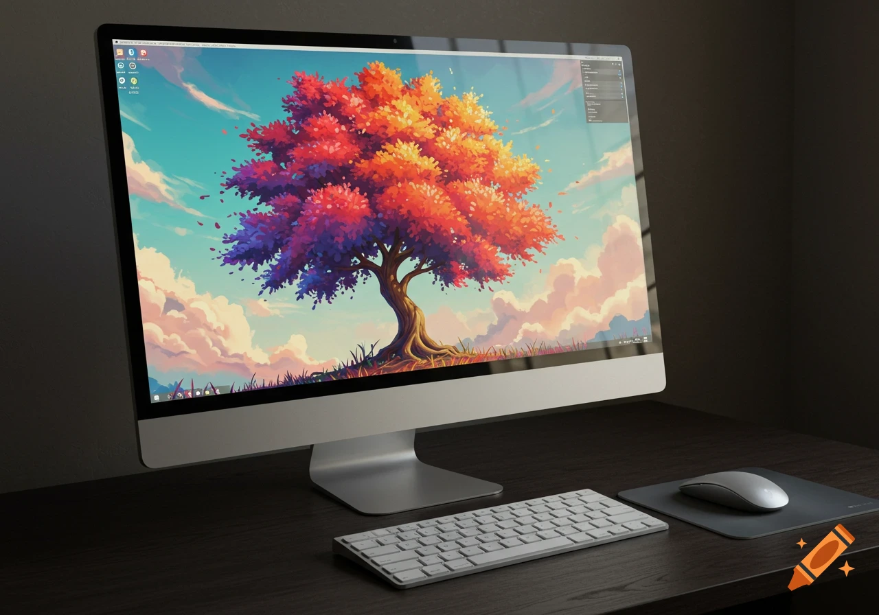 A computer screen on a desk displays a vibrant, stylized landscape ...