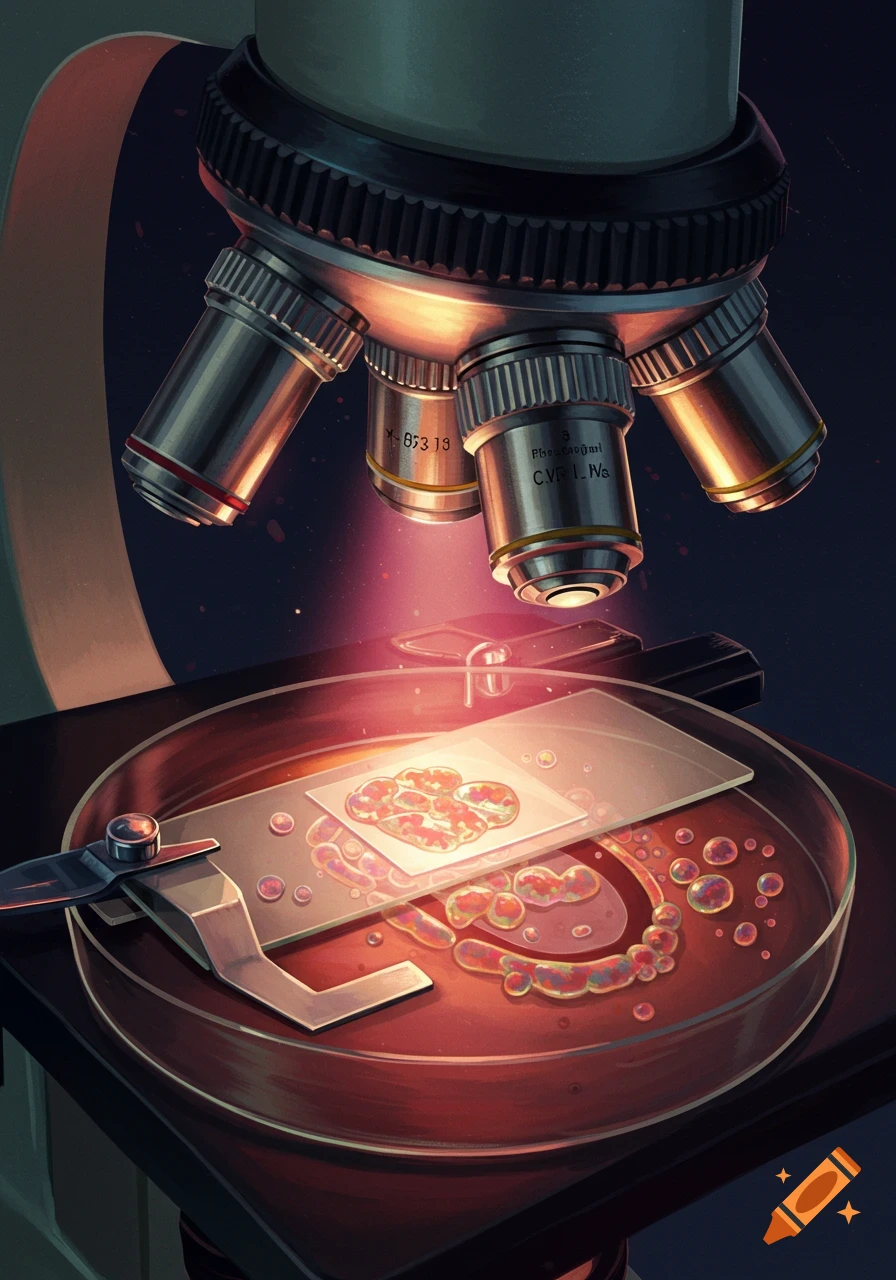 Close-up of a microscope lens focused on a slide with a sample in a ...