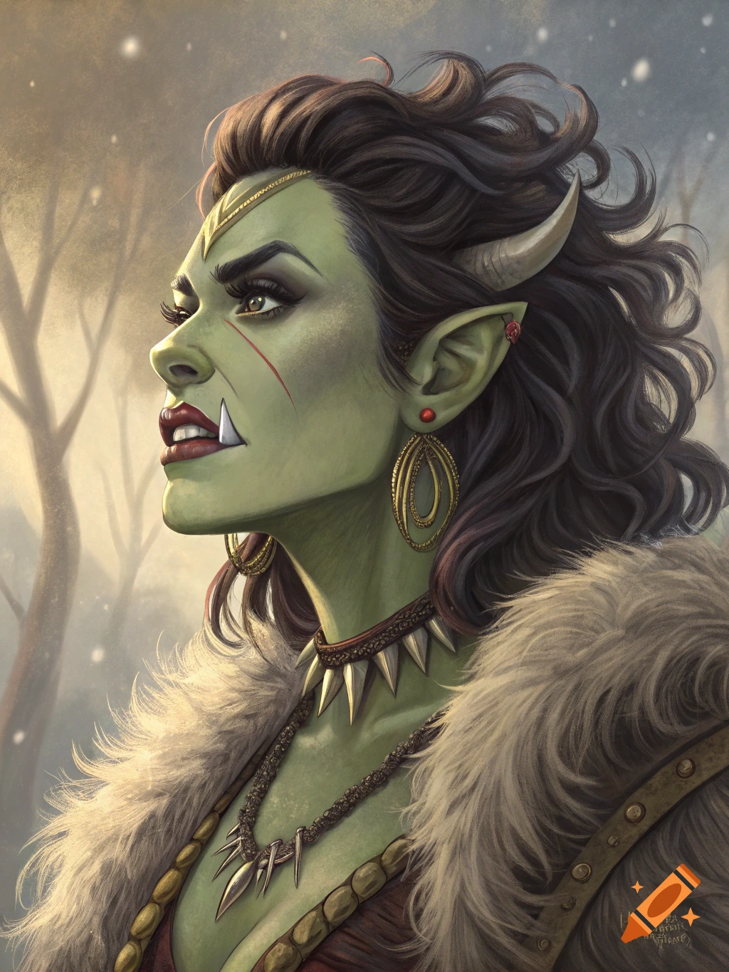 Close-up portrait of a female half-orc in a snowy forest, wearing fur ...