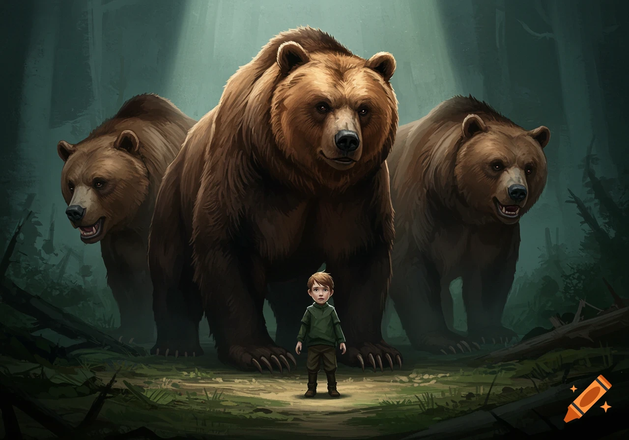 A child stands in a forest clearing facing three towering bears behind ...