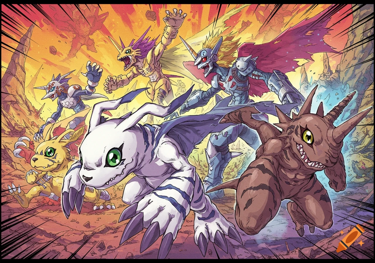 Several Digimon characters including Gabumon and Agumon running forward ...