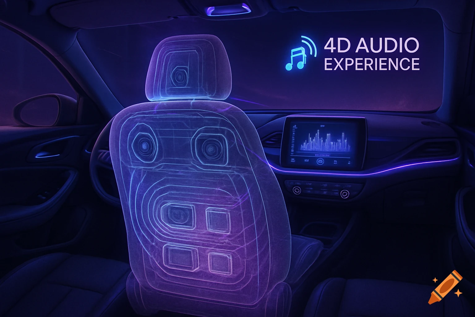 Futuristic car interior with a semi-transparent seat showing internal ...