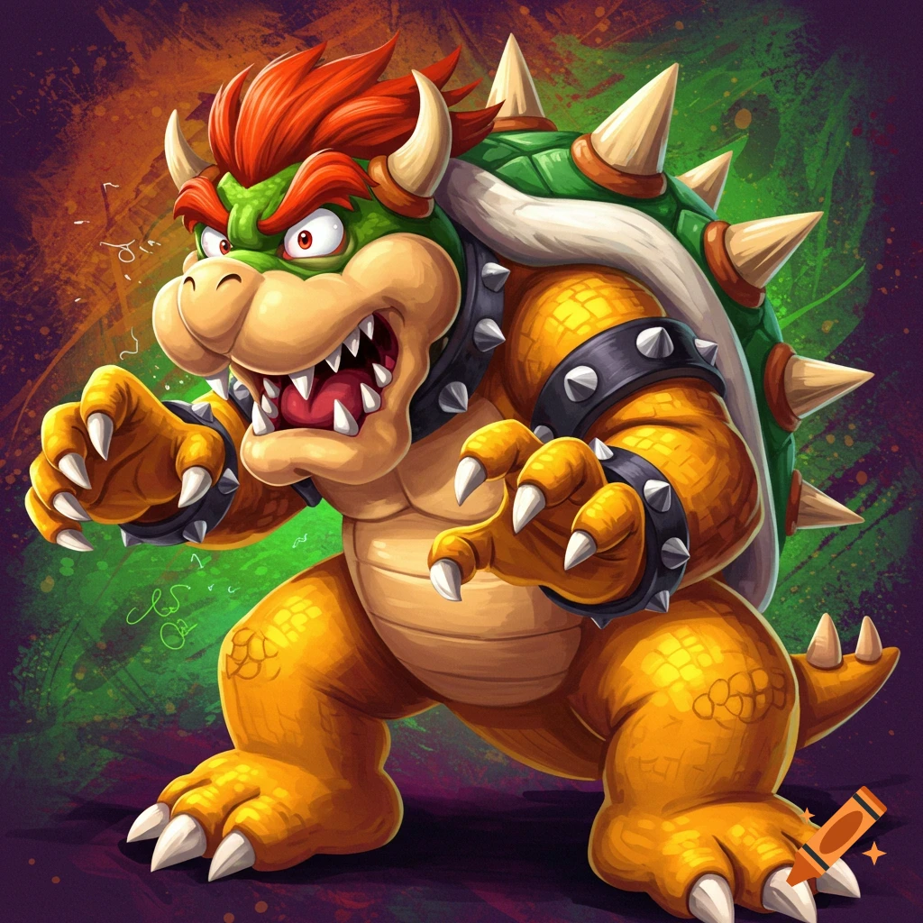 Cartoon illustration of Bowser with claws extended, roaring. on Craiyon