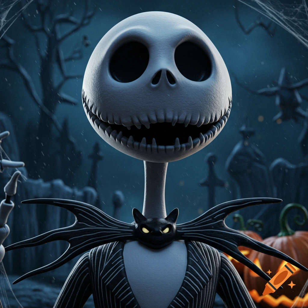 CGI render of Jack Skellington smiling in a spooky graveyard with ...