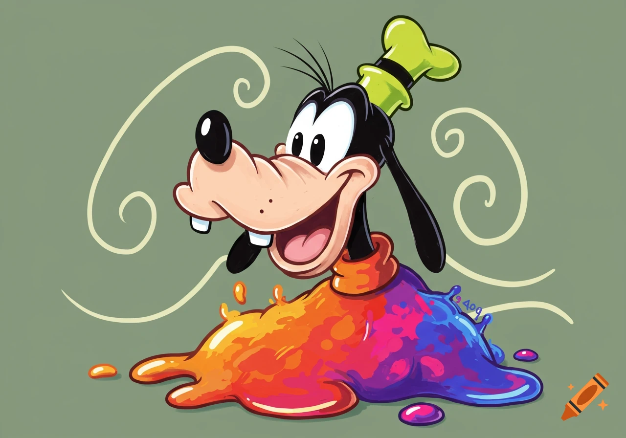 Cartoon illustration of Goofy's head emerging from a melting blob of ...