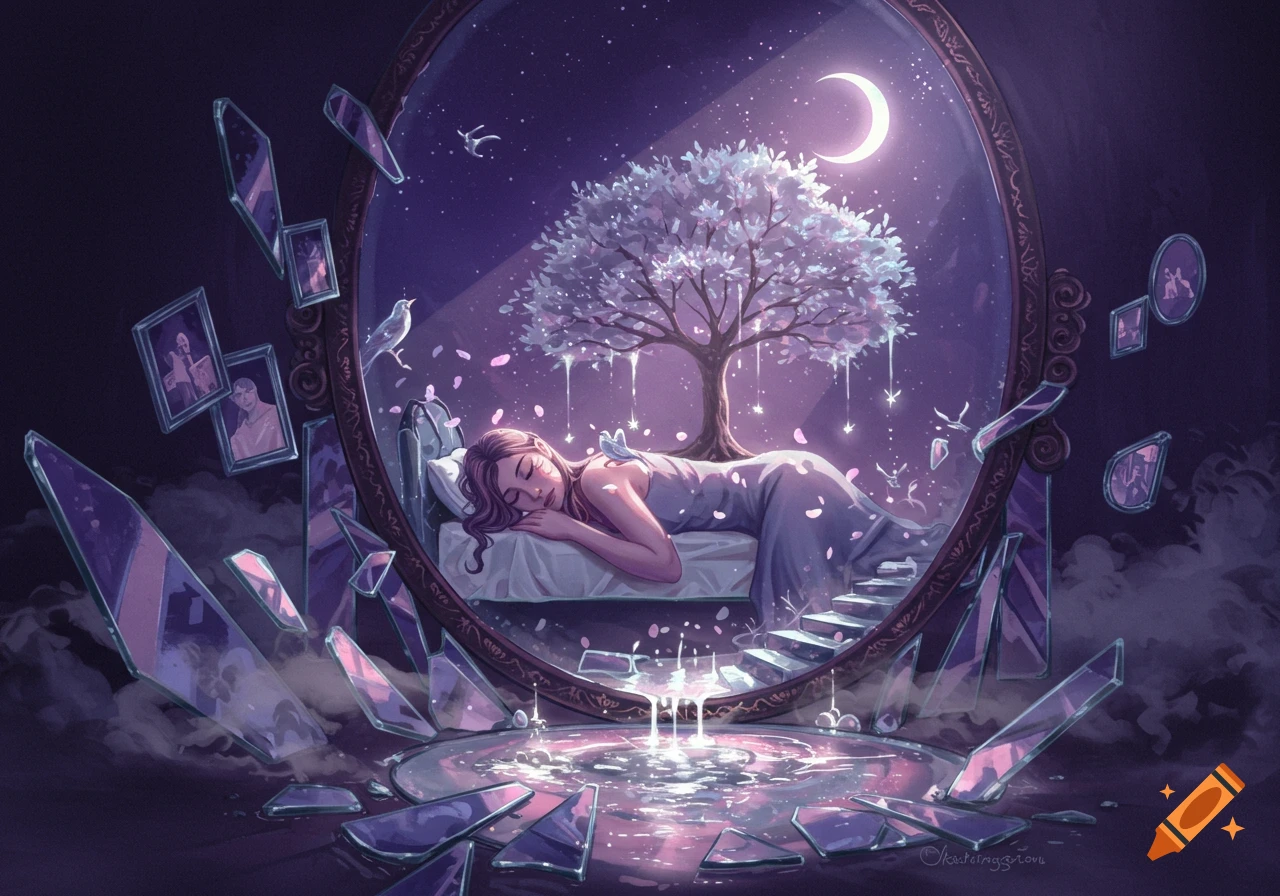 A woman sleeps on a bed within a large mirror, surrounded by broken ...