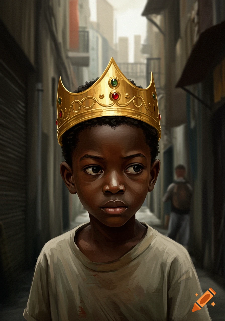 Painting of a young dark-skinned boy wearing a golden crown in a street ...