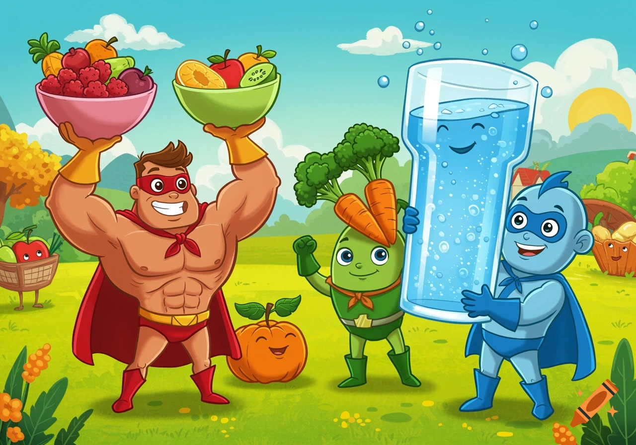Cartoon superheroes promote healthy eating with fruits, vegetables, and ...