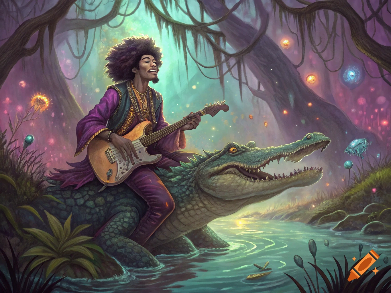 Jimi Hendrix rides an alligator through a psychedelic swamp playing a ...