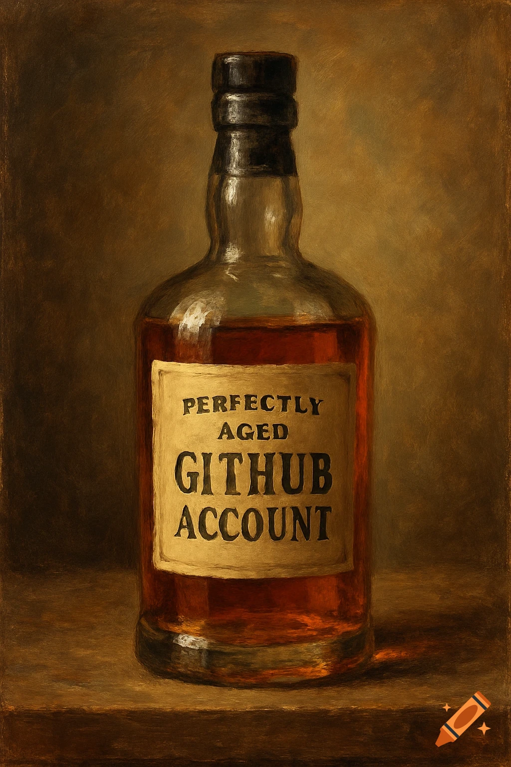 Oil painting of a whiskey bottle labeled 'perfectly aged github account'. on Craiyon