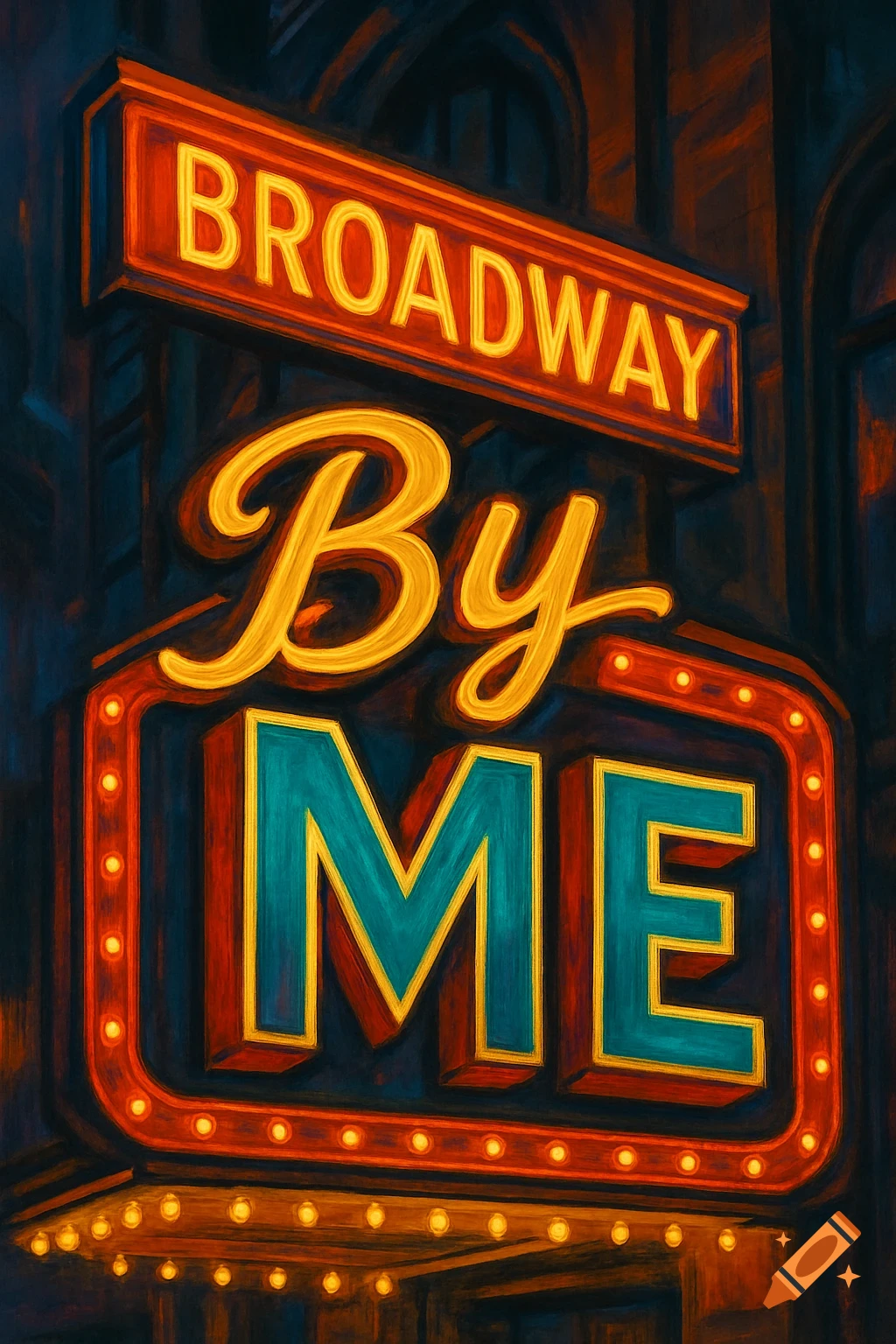 A brightly lit Broadway theater sign with 'BROADWAY' at the top and 'By ...