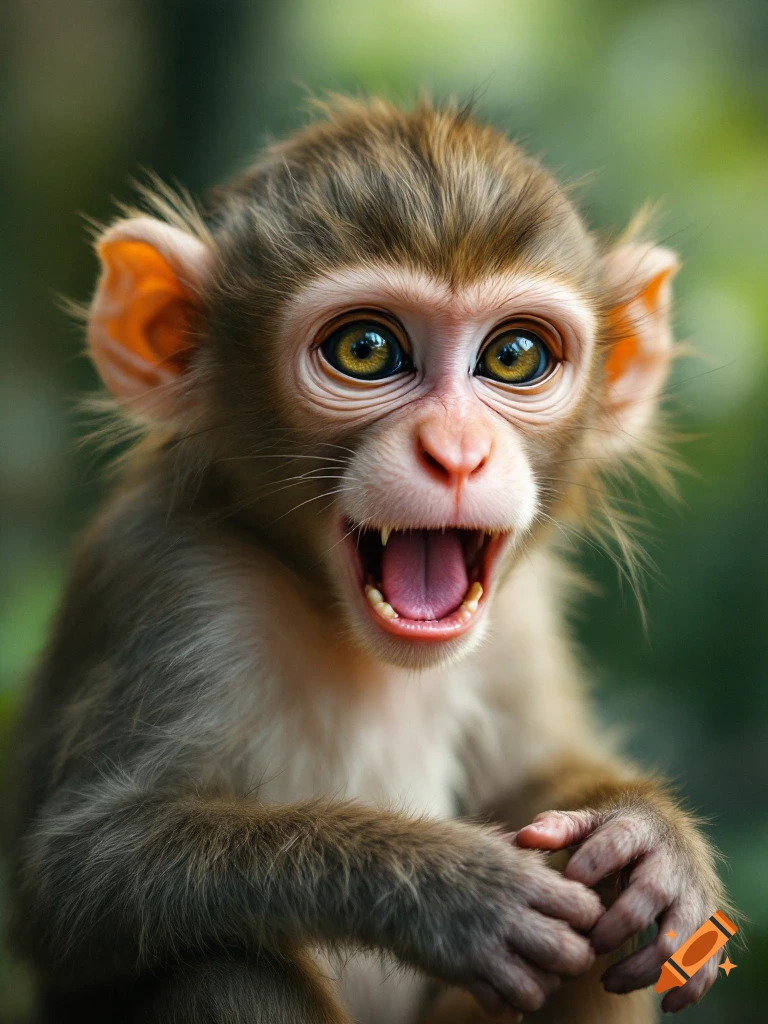 Close-up photorealistic image of a baby monkey with big eyes and an ...