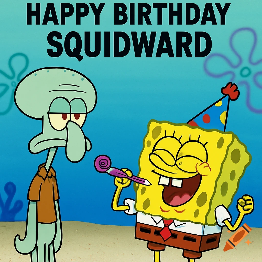 Spongebob celebrates Squidward's birthday with text 'Happy Birthday ...