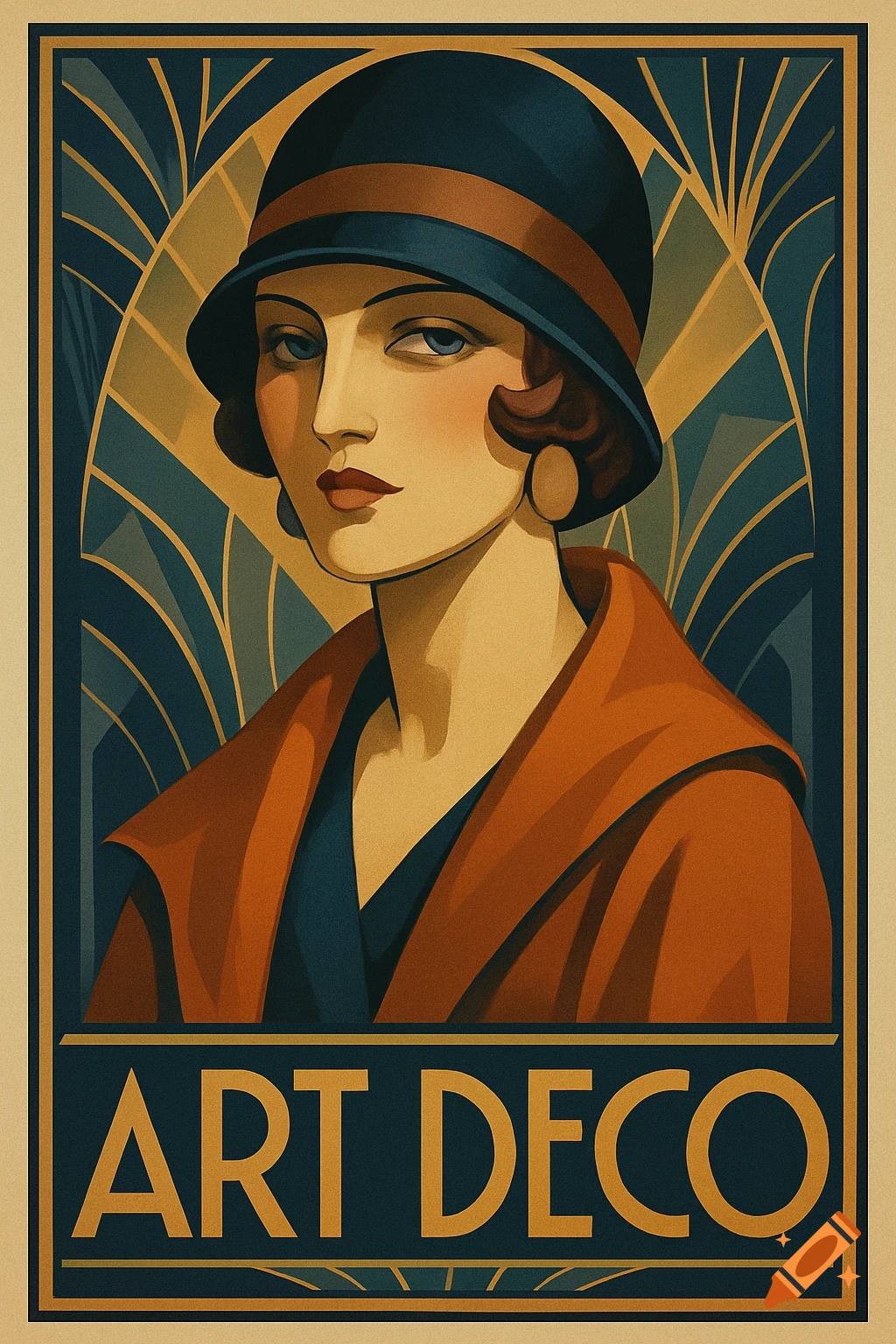Art deco poster featuring a woman in a cloche hat with 'ART DECO' text. on Craiyon