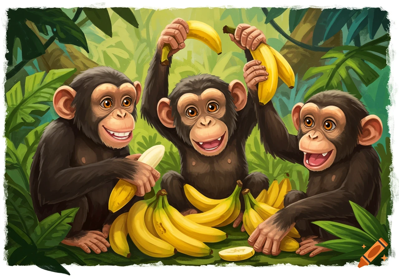 Three cartoon chimpanzees happily eating bananas in a jungle. on Craiyon
