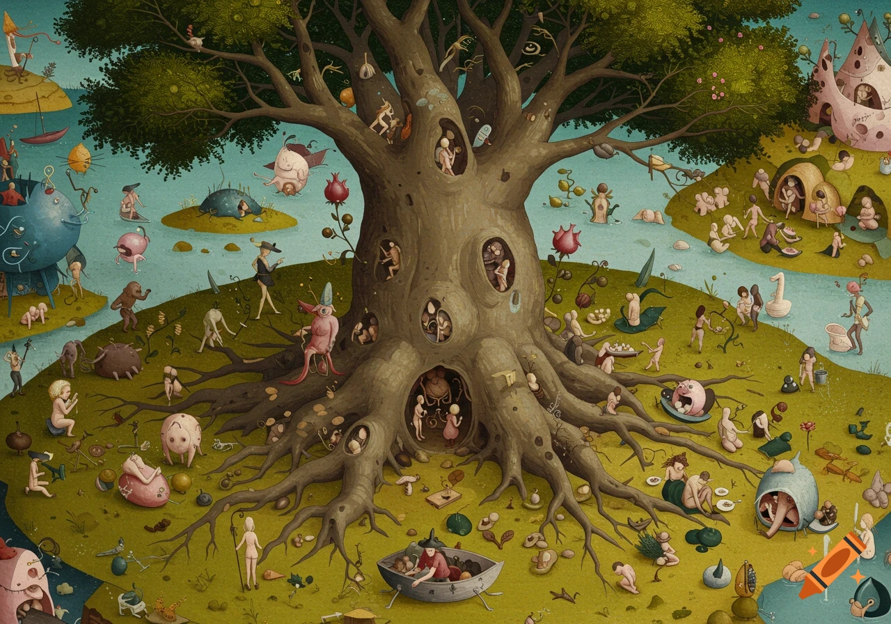 Surreal landscape with a large tree surrounded by many bizarre figures ...