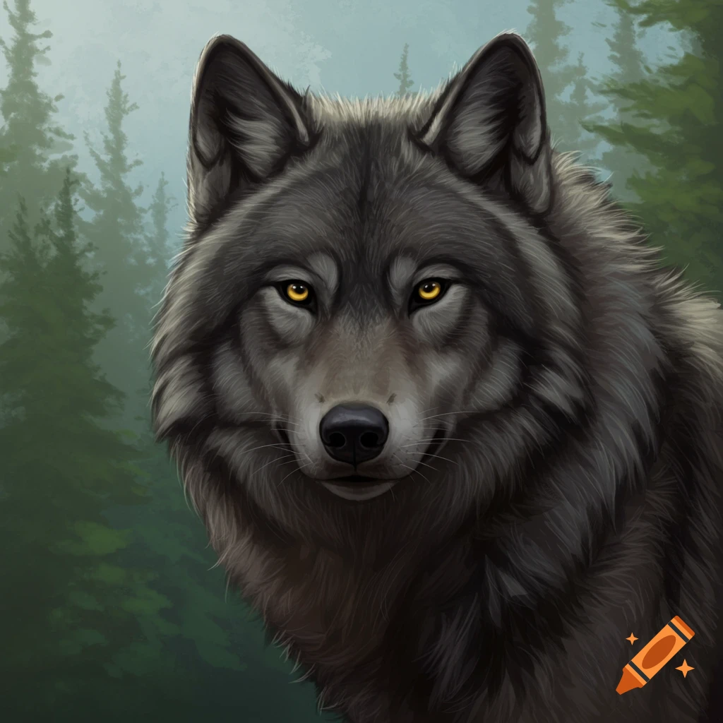 Close-up of a dark grey wolf with intense yellow eyes in a forest, digital art style. on Craiyon