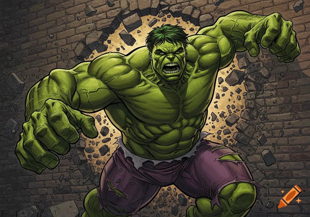 Green Hulk figure in comic book style smashing through a brick wall on ...