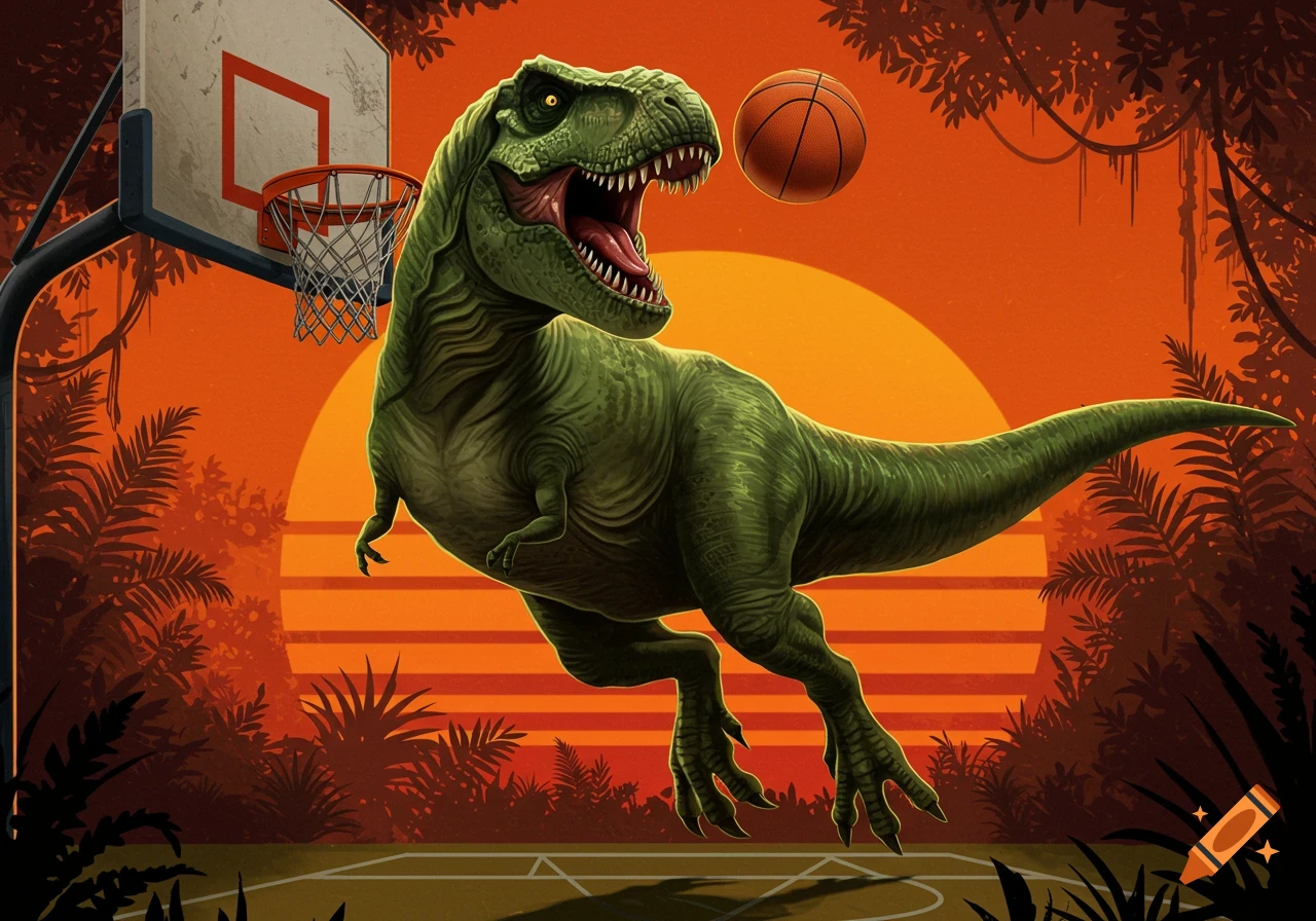 A T-Rex leaps towards a basketball hoop in a jungle setting with a ...