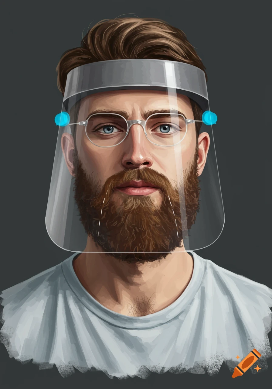 Digital painting of a man with a beard, glasses, and face shield. on Craiyon