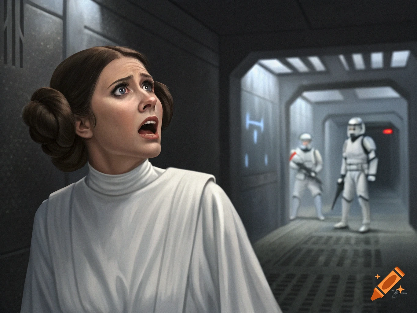 Painted illustration of Princess Leia looking terrified in a Star Wars corridor with ...