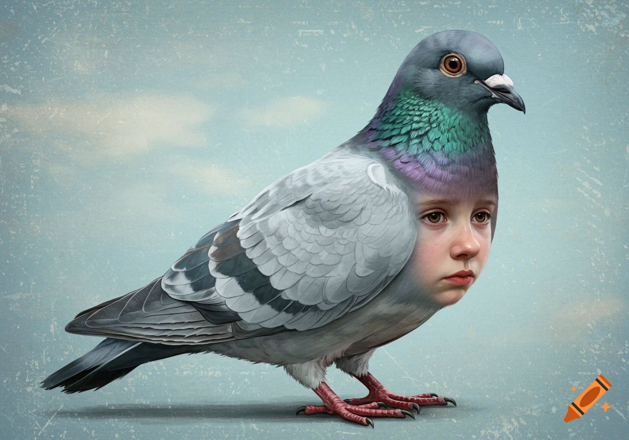 Surreal image of a pigeon with a human child's face on Craiyon