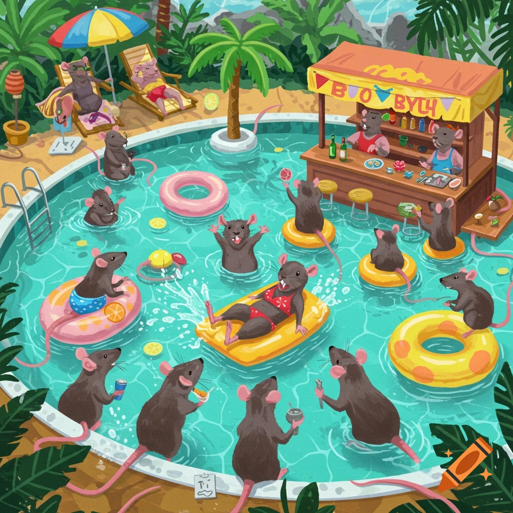 Rats have a pool party with a bar in a tropical setting, illustration ...