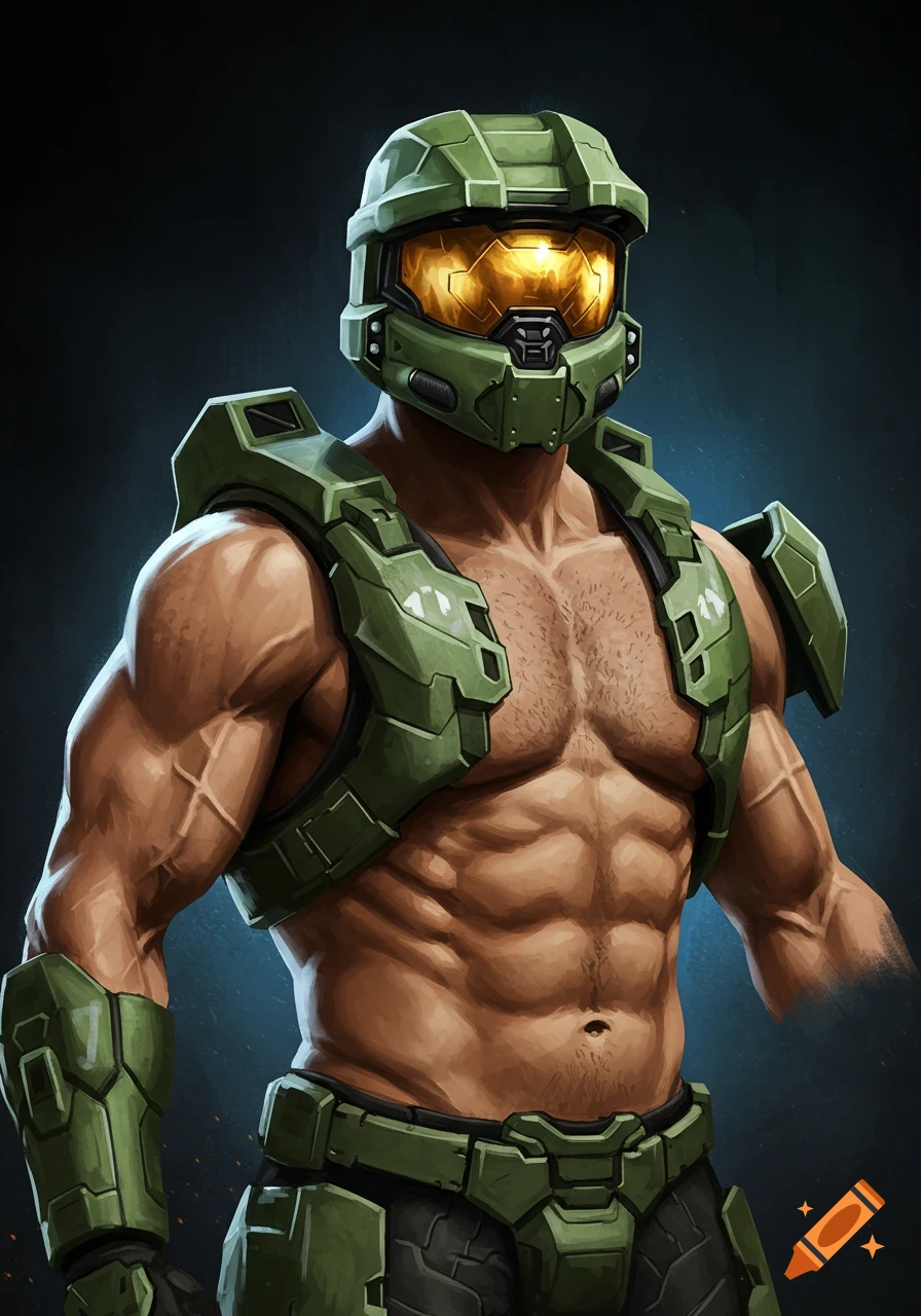Stylized portrait of a muscular, shirtless Master Chief wearing his ...